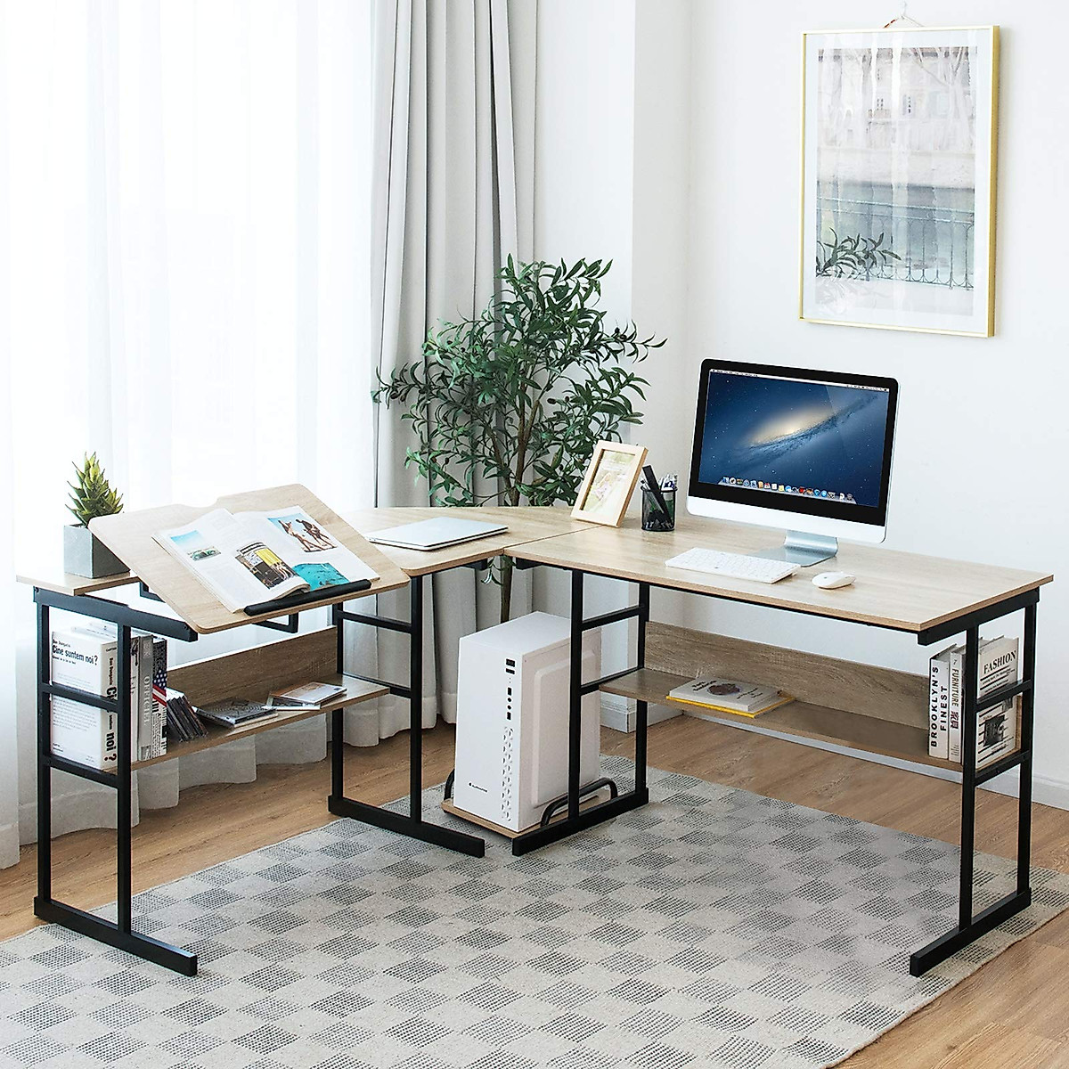 Tangkula 67 Inches L-Shaped Office Desk, Corner Computer Desk with Bottom Bookshelves & CPU Stand, Drafting Drawing Table with Tiltable Desktop, Corner Computer Workstation Home Office Desk
