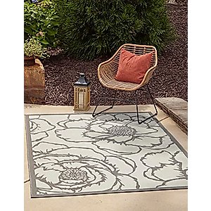 Unique Loom Botanical Collection Floral, Bohemian, Border, Coastal, Indoor and Outdoor Area Rug, 2 ft 2 in x 3 ft, Gray/Light Gray