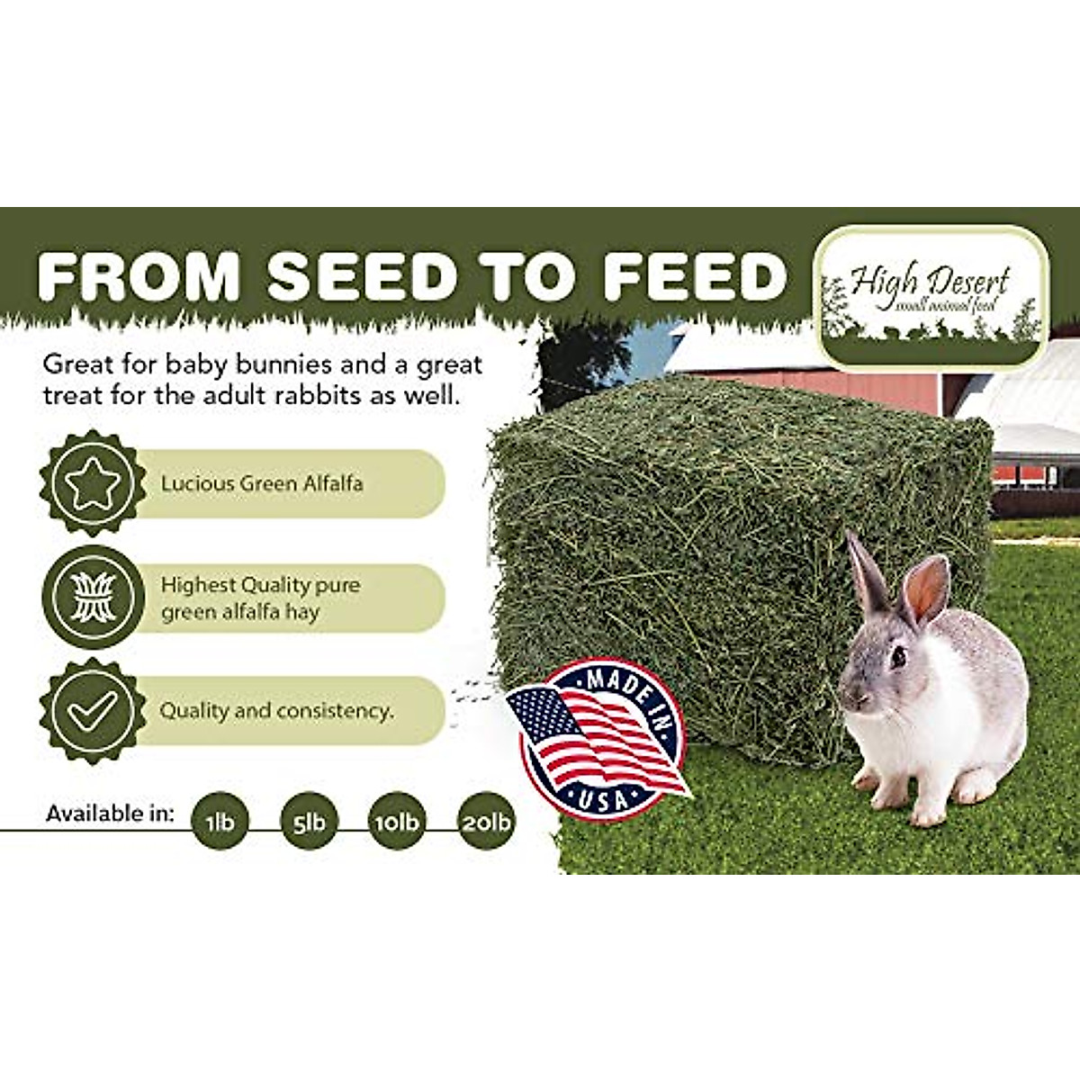 High Desert Alfalfa Hay - Dried Natural Alfalfa Hay for Rabbits, Guinea Pigs, Chinchillas, and Ferrets - Protein and Fiber Rich Food for Small Animals - Healthy Pet Food