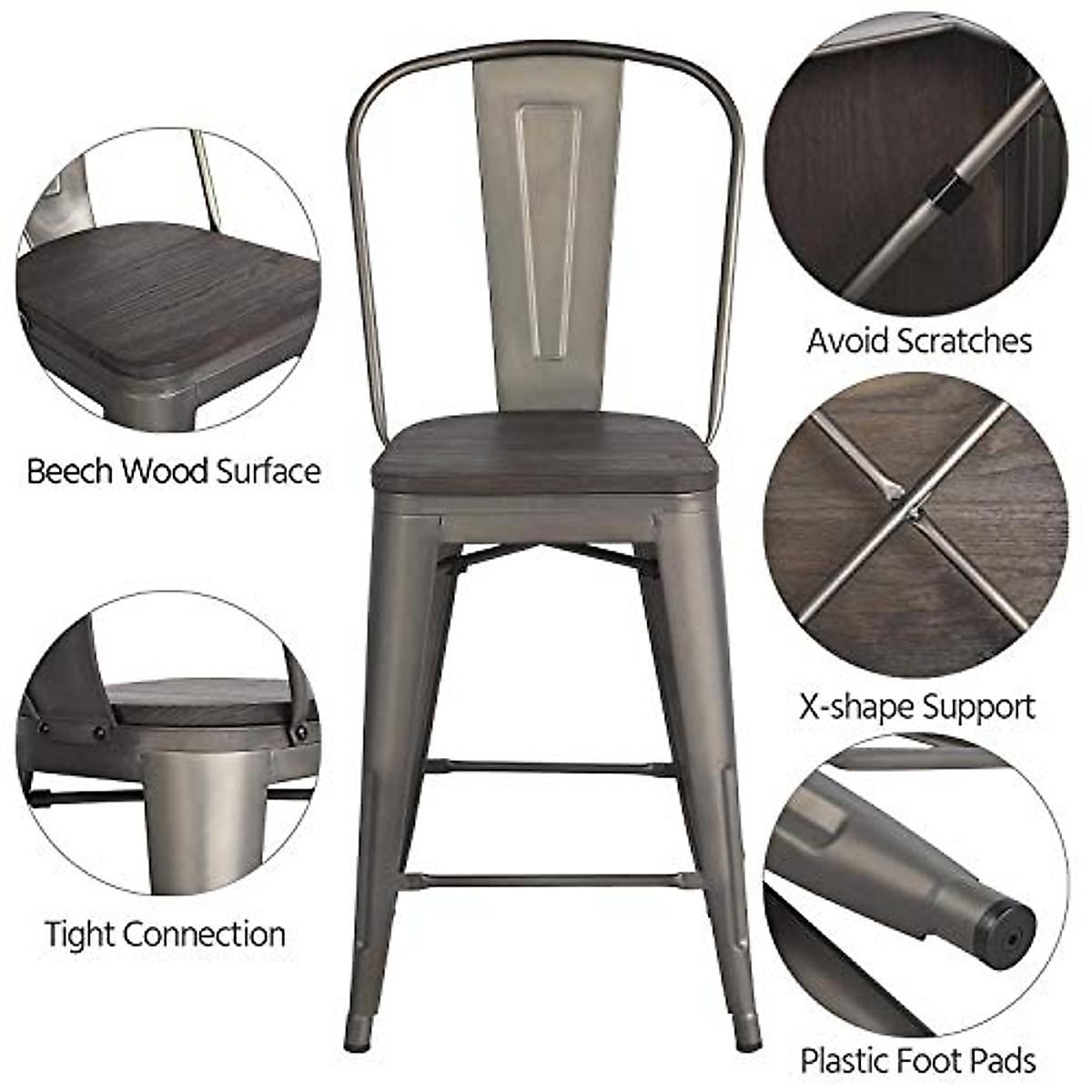 Yaheetech Metal Stools Bar Chairs Stackable Industrial Height Stool Kitchen Chair with Wood Top/Seat and High Back Indoor/Outdoor Bistro Cafe Side Chairs Barstools Set of 4 Gun, Gunmetal