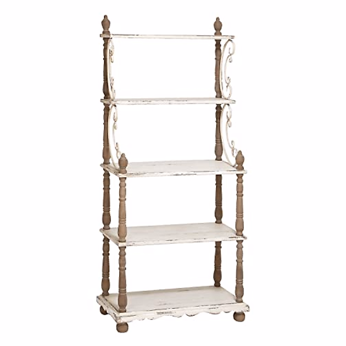 Deco 79 Wood Scroll 5 Shelf Shelving Unit with Brown Spindle Sides and Ball Feet, 32" x 16" x 75", White
