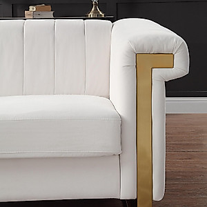 MULEJYBO 84" Velvet Sofa Couch, Chesterfield 3 Seater Couch with Rolled Armrest for Living Room, Mid-Century Modern Sofa with Brushed Metal Feet, Beige