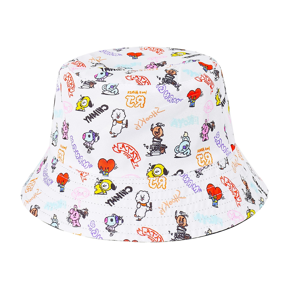 BT21 LINE Friends Bucket Hat, Graffiti Style Reversible Packable Travel Hat, Wide Brim Summer Hat, Multi, One Size