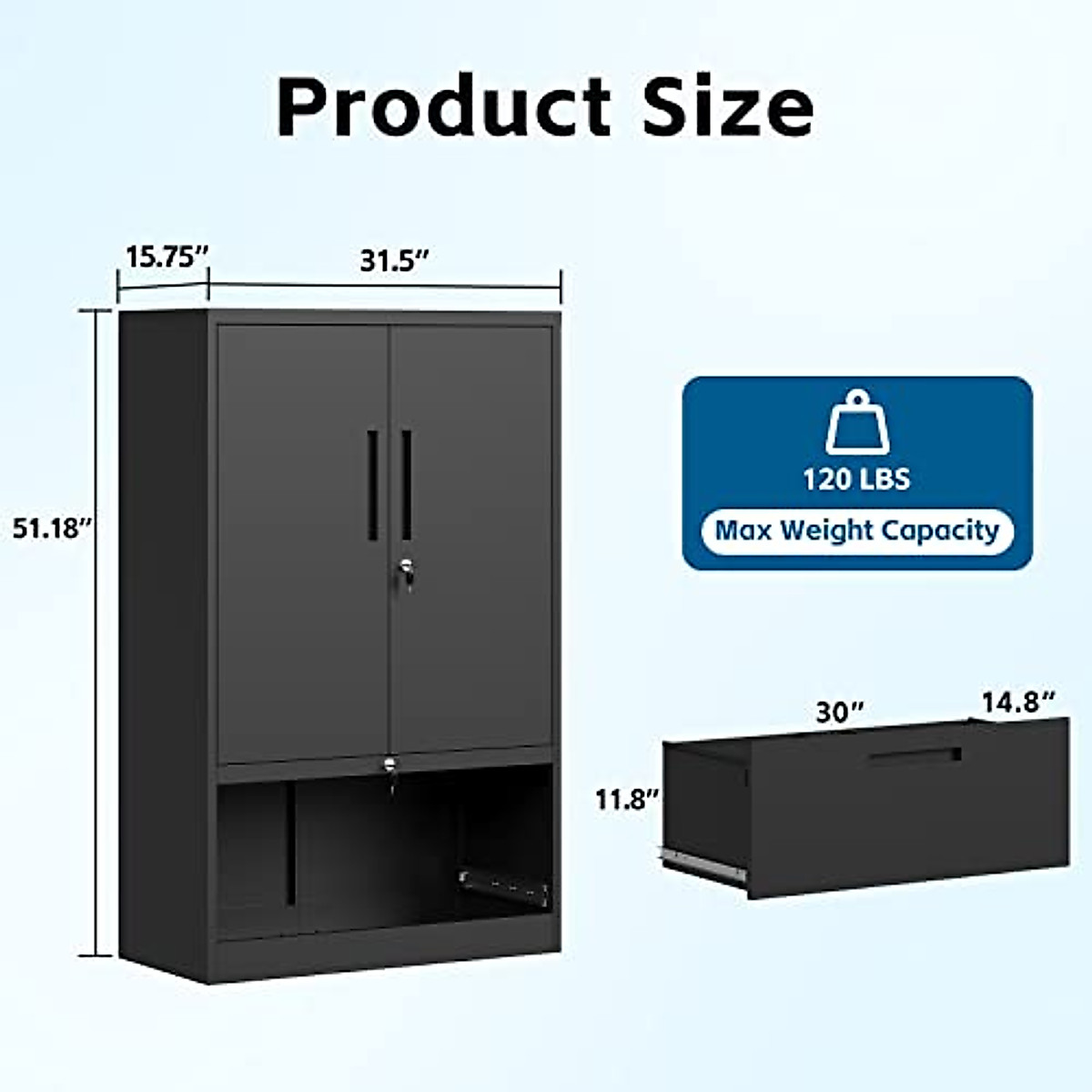 PEUKC Metal File Cabinet with Drawer, Lockable Vertical Lateral Filing Storage Cabinet, File Cabinet with Storage Cabinet for Home Office, Legal/Letter/A4 Size Steel File Storage Cabinet, Black