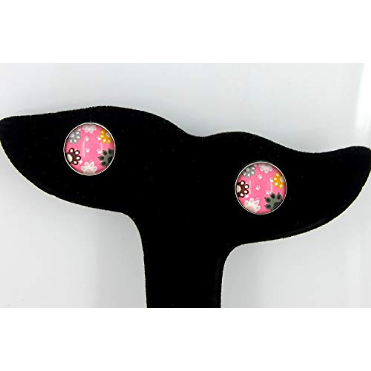 Stainless Steel Pink Cat Paw Print Glass Stud Earrings 12mm