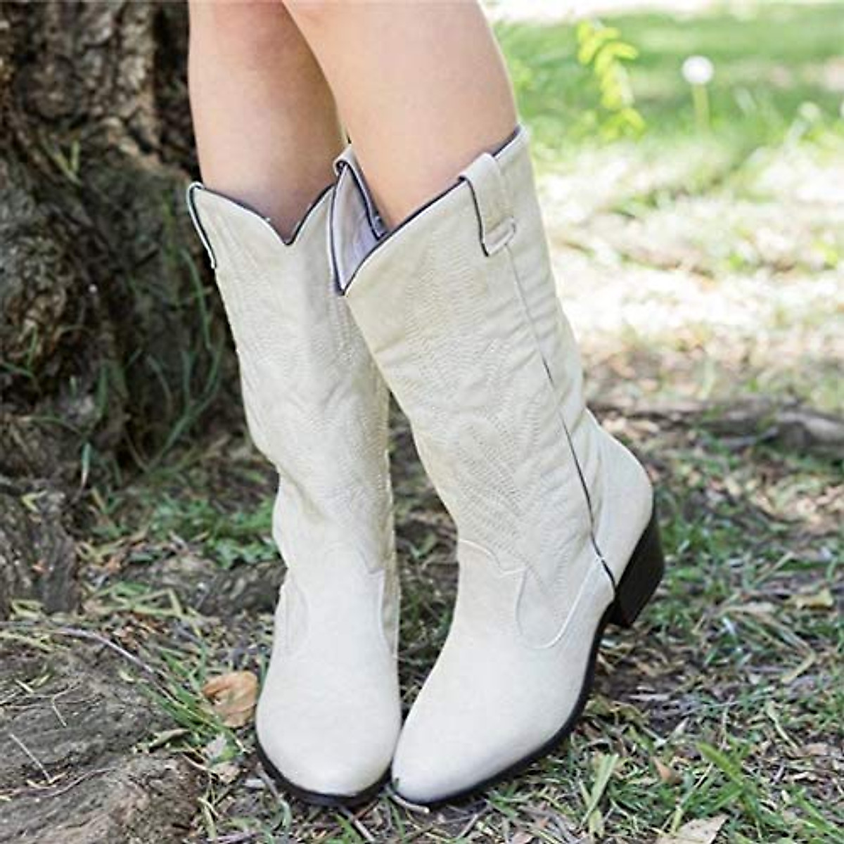 XRCQCAD Snow Boots for Women Tall Sparkly Cowgirl Boots Cowboy Boots for Women Black And Blue Embroidered Country Outdoor Slip Shoes Chunky Heel Waterproof Soft Casual White Boots