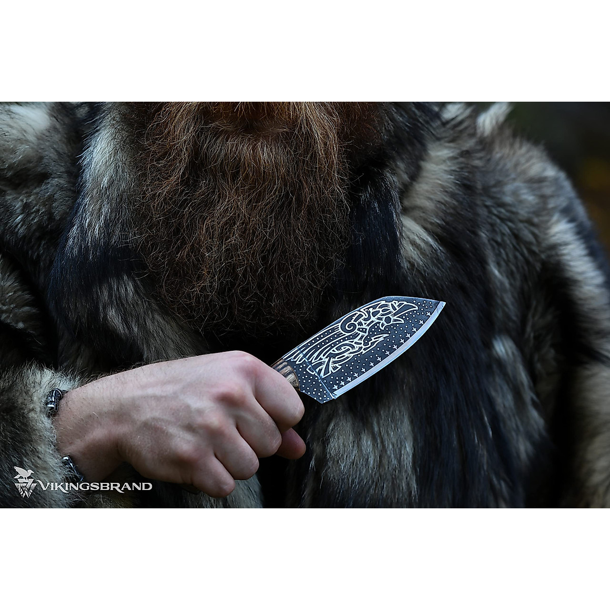 VikingsBrand Norse Viking-styled Knife - Huginn & Muninn Hand Forged Knife with Raven Engraving, Ergonomic Ash Wood Handle & Genuine Leather Sheath Holder - 4.7" Long Blade, 4.3" Handle