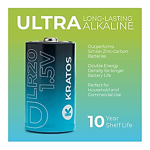 Kratos Power D Batteries - 4 Pack Alkaline Batteries - Long-Lasting All-Purpose D Battery - 10 Year Shelf Life - Mercury & Cadmium Free Flashlight Batteries - Disposable Replacement Batteries