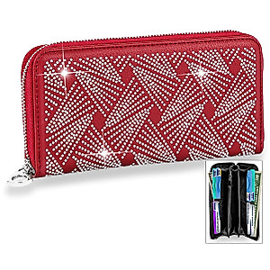 HANDBAG EXPRESS Bling Rhinestone Quilted Diamond Pattern Sparkle Accordion Wallets for Women Purse Multi Colors… (7373-DarkRed)