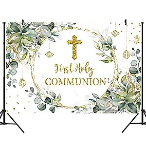 Wollmix 1st First Communion Baptism Decorations Backdrop 9x6ft God Bless Holy Communion Banner Christening Gold Dots Green Leaves Photography Background Baby Shower Banner Photo Booth Props
