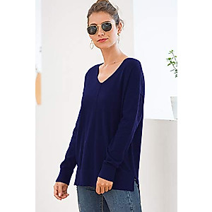 Jouica Women's Casual V Neck Long Sleeve Knit Top Loose Pullover Sweater,Navy Blue,Large