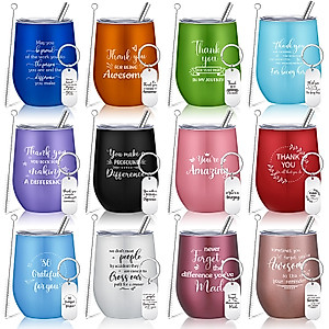 Uiifan 12 Pcs Employee Appreciation Gifts 12 oz Inspirational Wine Tumbler with Keychain Stainless Steel Bulk Thank You Gifts for Women, Men, Coworker, Nurse, Teacher, Staff, Colleague, Assorted Color