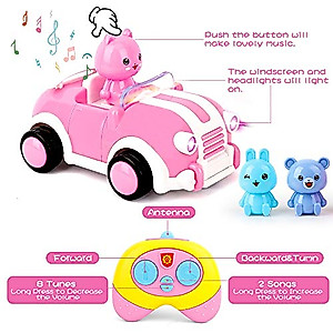 Pink Cartoon Remote Control Race Car with Music, Lights, and Animal Gift - Ideal Electric Toy for Toddlers, Kids, Boys, and Girls