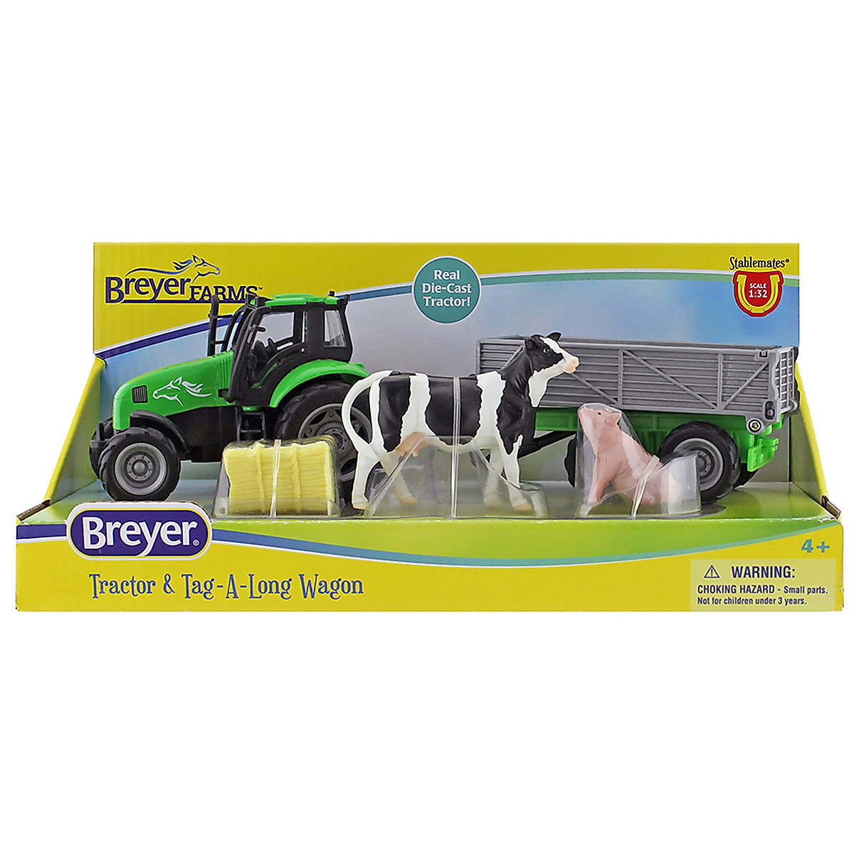 Breyer Horses Breyer Farms Tractor and Tag-a-Long Wagon Playset | 5" H x 11" L x 4" D | Cow and Pig Included | 1:32 Scale | Model #59238, Green