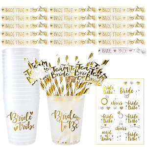MOVINPE Bachelorette Party Accessories, Hen Party Cups Straws 16 Set, 1 Bride Hair Ties 15 Bride Tribe Hair Ties, Tattoos Bride Tribe, Bride to Be Decorations Bridal Shower Party Supplies (Golden)