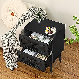 Lerliuo Black Nightstand Set of 2, Bed Side Table with 2 Drawers Barn Door, Solid Wooden Legs Night Stand, Mid Century Modern End Table Storage Wood Cabinet Dresser for Bedroom, Dorm