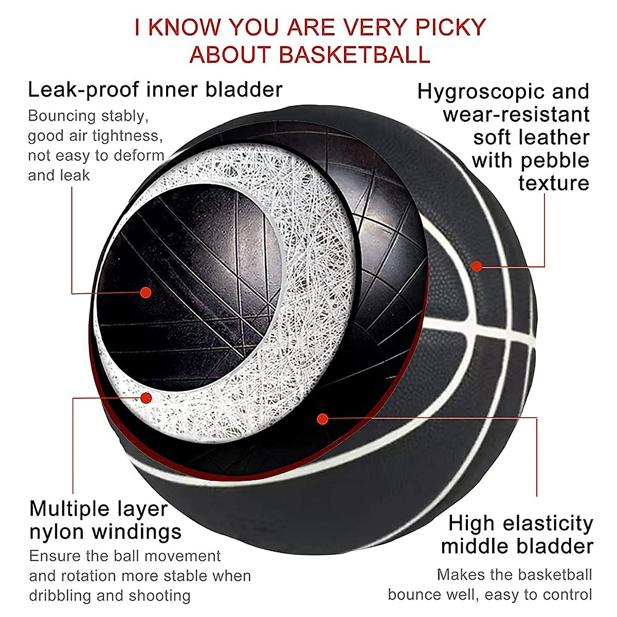 MINDCOLLISION 5/6/7 Smile Basketball, Women's PU Soft Leather Basketball, Good Dribbling and Shooting Feel, Birthday Gift, Suitable for Indoor and Outdoor Use. (8 Colors),Black,No.6