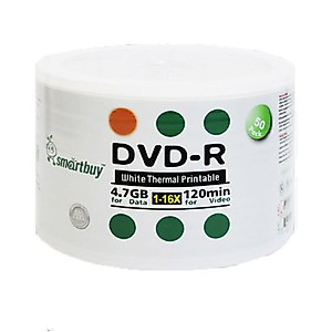 Smart Buy 200 Pack DVD-R 4.7gb 16x Thermal Printable White Blank Data Video Record Disc, 200 Disc 200pk