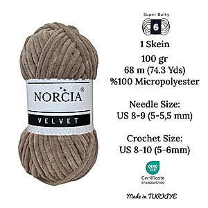 NORCIA Soft Velvet Yarn Chenille Yarn for Crocheting Super Bulky 100g (74.3 yds) Baby Blanket Yarn for Knitting Amigurumi Yarn Fancy Yarn for Crochet Weaving Craft (Brown, 1 Skein)