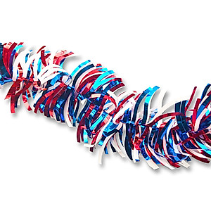 Patriotic Garland Decorations (2 Pack, 9 ft Each) - Tinsel in Metallic Red White and Blue for 4th of July Party, Veterans Day, Labor Day Holiday and More