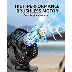 TUNISE Mini Clip on Fan, Battery Operated Desk Fan, Digital display，3 Speeds Adjustable, Bidirectional 360 ° Adjustable, Super Strong Wind, Portable Fan for Home Office Stroller Camping Black