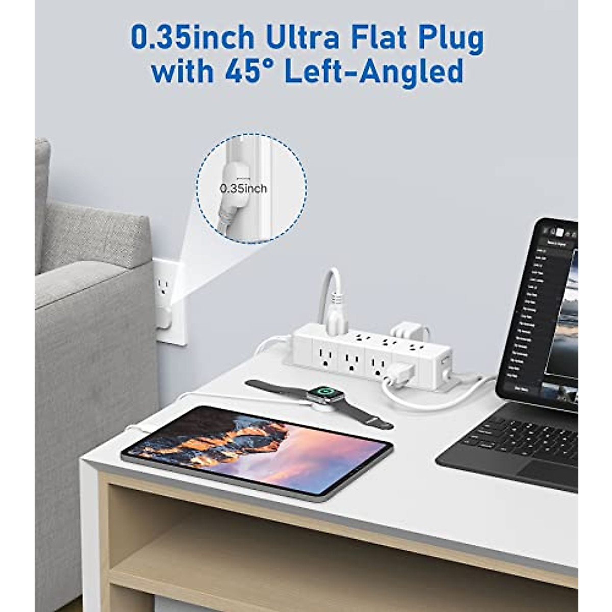 30W USB C Power Strip Surge Protector,Ultra Thin Flat Plug Power Strip 4 Side 12 Outlets,PD Fast Charing,2 USB-C, 2 USB-A(4 USB Total 40W),6ft Slim Extension Cord,16 in 1 Desk Power Bar,1200J White