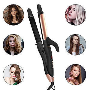 AmoVee Travel Curling Iron, 1.25 Inch Hair Straightener Curling Iron, 2 in 1 Flat Iron Ceramic Tourmaline, Dual Voltage Curling Iron, Adjustable Temp, Rose Gold