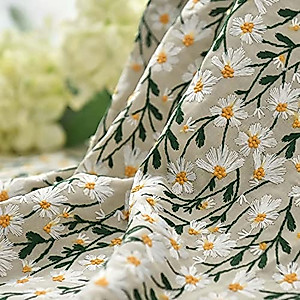 CraftDesignL Linen Daisy Embroiderd Cotton Fabric,Floral Embroidered Fabric,Daisy Fabric,Embroidered Fabric,Dress Fabric,Designer Fabric,Fabric by Yard (Beige)