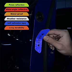 4PCS Car Door Open Warning Reflective Stickers, Night Visibility Auto Safety Prompt Decals, 3.6 x 0.9 Inch Anti-Collision Protective Strip, Car Accessories Universal for Truck, SUV, Van (Blue)