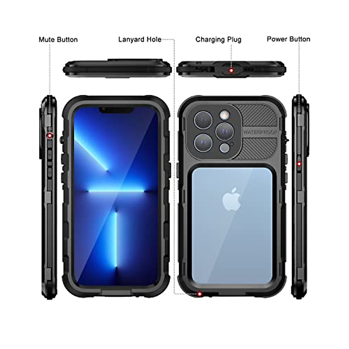 WIFORT iPhone 13 Pro Max Waterproof Metal Case - Built-in [Screen Protector][15FT Military Grade Shockproof][IP68 Water Proof], Full Body Aluminum Protective Dropproof Cover, 6.7" Black