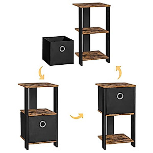HOOBRO Bedside Table with Pull-Out Collapsible Storage Box, Retro Small Nightstand for Small Space, Living Room, Bedroom, Stable and Sturdy, Rustic Brown and Black BF35BZ01