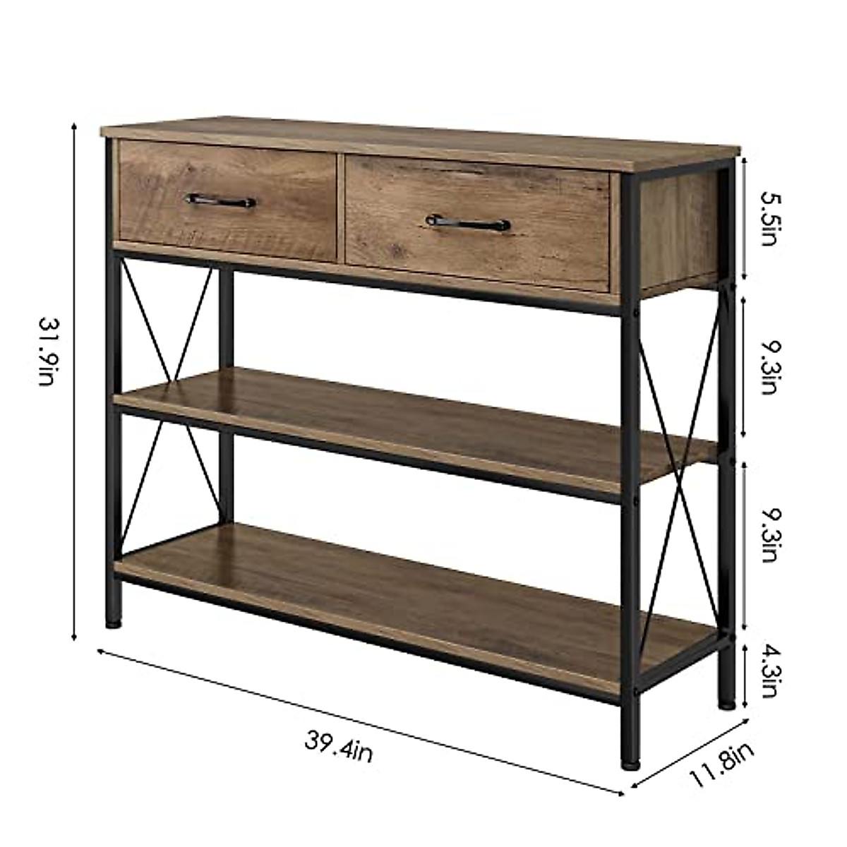 HITHOS Industrial Console Table with Drawers, Vintage Hallway Foyer Table with Storage Shelves, Narrow Long Sofa Entryway Table for Living Room, Rustic Brown