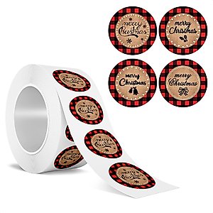 500 Pcs Merry Christmas Stickers Bulk - Christmas Gift Tags Round Sticker Roll Red and Black Cards Buffalo Plaid Christmas Decorations Label Sticker - 1.5 Inch 8 Styles Christmas Labels - BLUUCHE