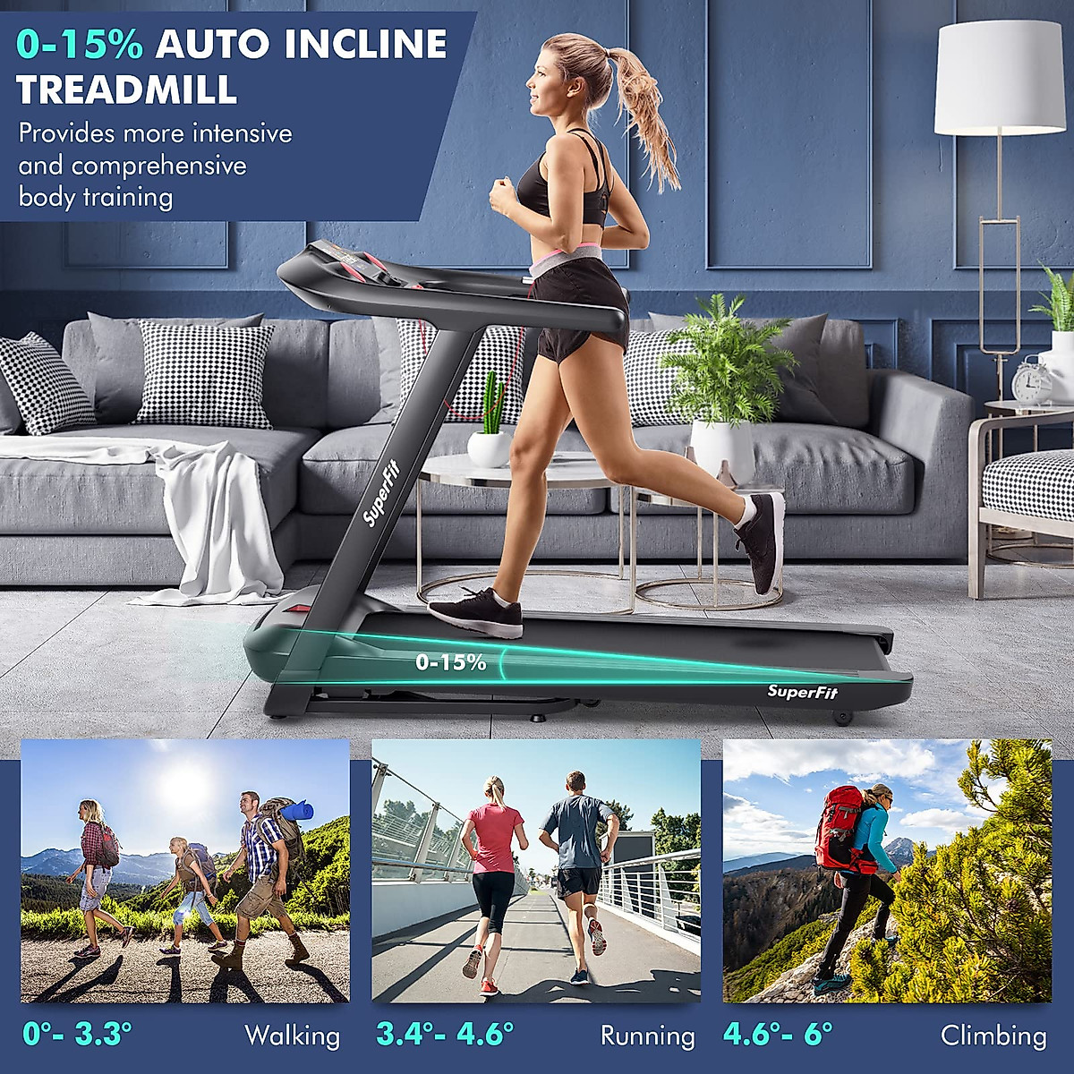 Goplus 4.75HP Folding Treadmill with 15% Auto Incline, Electric Superfit Treadmill w/Voice and APP Control, 20 Preset Programs, LED Touch Screen, Walking Jogging Running Machine for Home Office