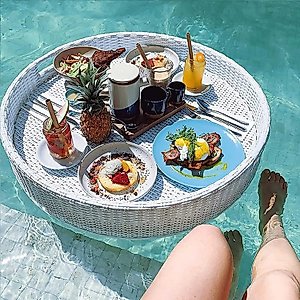 Rattan Woven Serving Tray Food Tray with Handles Luxury Floating Serving Tray Table Swimming Pool Floating Tray for Pool Serving for Wedding Photography Photo Shoot,White-80CM