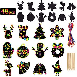 DIYASY Christmas Scratch Art Paper,48 Pcs Crafts Kits Magic Rainbow Scratch Cards for Xmas Tree Ornaments and Kids Birthday Decoration