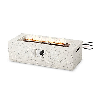 SUNBURY Outdoor 42 Inch Propane Fire Pit Table, Rectangular Fire Table, 40,000 BTU Spotted White Patio Gas Fire Table w Lava Rocks, Waterproof Cover