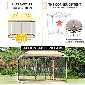 VIVOHOME 210d Oxford Easy Pop Up Canopy, 8x8 Outdoor Screen Tent with Mesh Mosquito Netting Side Walls for Camping Picnic Party Deck Yard Events, Beige 