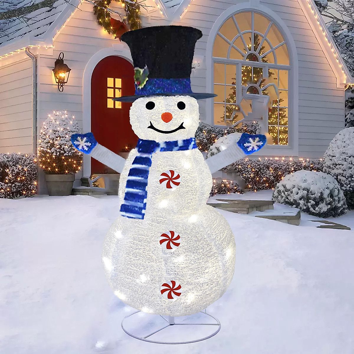 Mosy 4FT Snowman Outdoor Christmas Decorations, 3.2FT Folding Christmas Snowflake Cloth Snowman, Outdoor Snowman Lighted for Xmas Indoor/Outside Yard Holiday Party Decoration