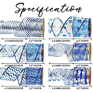 MEEDEE Christmas Ribbon 2.5 Inch 6 Rolls 36 Yards Royal Blue Wired Ribbon Bulk Silver Blue Christmas Tree Decoration Ribbon Perfect for Gift Wrapping Tree Garland Topper Swag Wreath Bow Lantern Decor