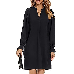 KINMIU Women's Long Sleeve V Neck Flowy Swing Shift Casual Funeral Dress Elegant Work Fall Dresses 2023(X-Large,Black)