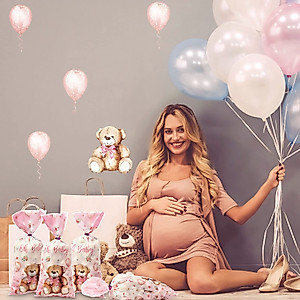 Pajean 100 Pack Bear Baby Shower Treat Bags Bear Cellophane Candy Bag Bulk Plastic Goodie Gift Bags with Metallic Twist Ties for Gender Reveal Birthday Party Favors (Pink)