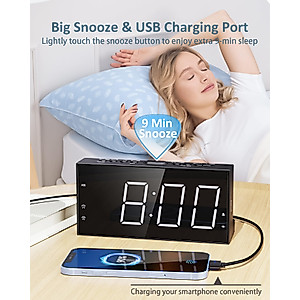 Loud Alarm Clock with Bed Shaker for Heavy Sleeper, Dual Vibrating Alarm Clock with USB Charger for Hearing-impaired Deaf, 7.5’’ Large LED Display with Dimmer, Snooze, 12/24H & Battery Backup