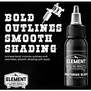 ELEMENT TATTOO SUPPLY - Premium Black Tattoo Ink - Professional Tattoo Ink & Supplies for Outlining, Shading, & Blending - Tribal Tattoo Ink - Permanent Nighthawk Black Ink Tattoo - 1/2 oz Bottle