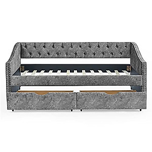 Daybed with Drawers, Modern Velvet Upholstered Twin Size Day Bed Button-Tufted Sofa Daybed Frame with Double Drawers, No Box Spring Needed, Furniture for Bedroom Living Room Guest Room (Grey, Twin)