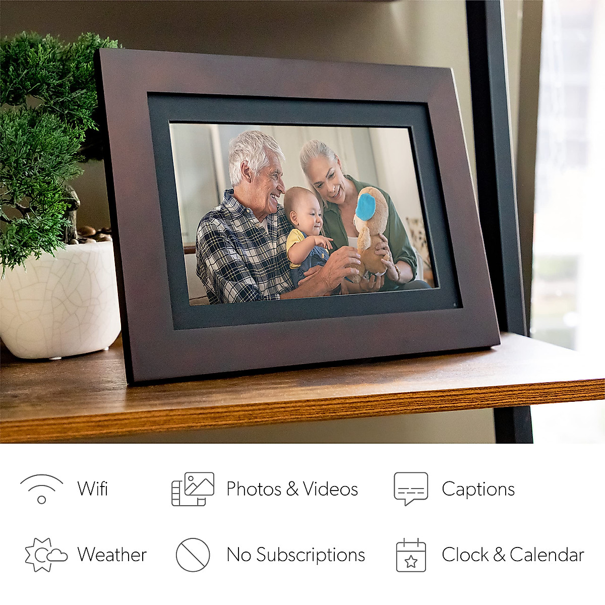 Brookstone PhotoShare 10.1” Smart Digital Picture Frame, Send Pics from Phone to Frames, WiFi, 8 GB, Holds 5,000+ Pics, HD Touchscreen, Premium Espresso Wood, Easy Setup, No Fees