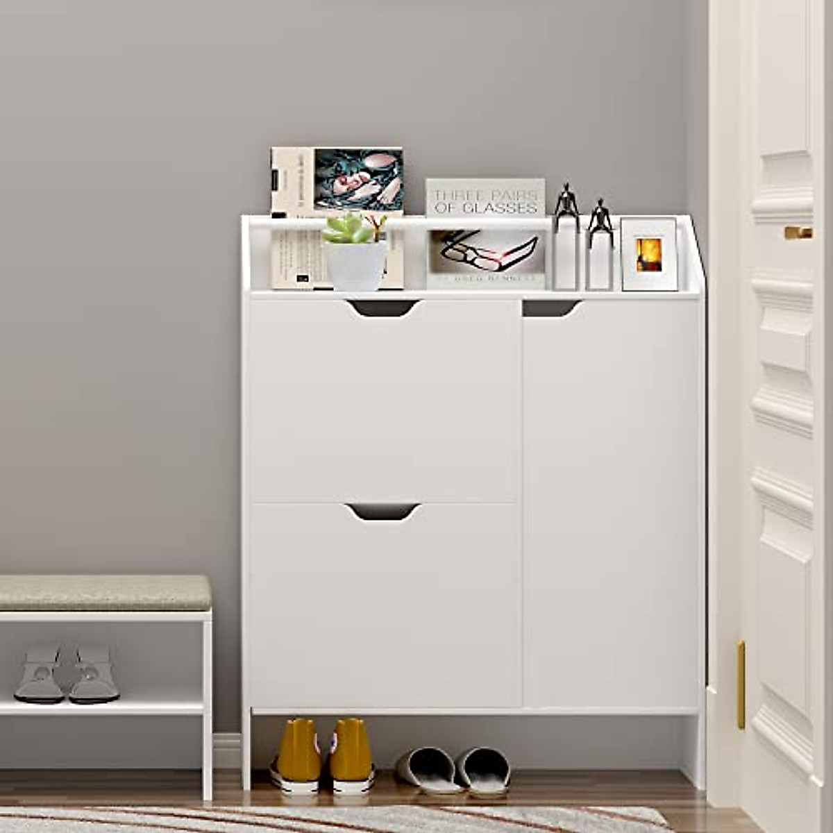 MYOYAY Shoe Storage Cabinets with Top Place Space and 2 Flip Drawers, White Modern Shoe Rack Parent-Child Upholstered Tipping Bucket Shoes Cabinet for Entryway Hallway Bedroom Corridor