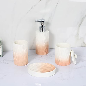 RZCNC Bathroom Accessories Set,Hand-Carved Lines Ceramic Bathroom Set. 4 Piece Boho Bathroom Decor.New Apartment Essentials. Modern Toothbrush Holder and Soap Dispenser. Premium Orange