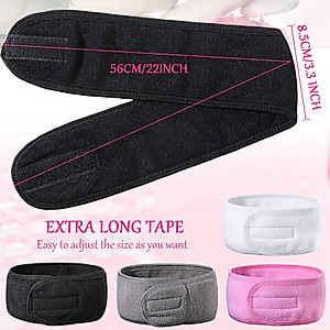 24 Pcs Spa Headband Bulk Makeup Facial Headband for Washing Face, Terry Cloth Headband Head Wraps for Facials, Adjustable Stretch Towel with Hook and Loop Non Slip, White, Pink, Grey, Black