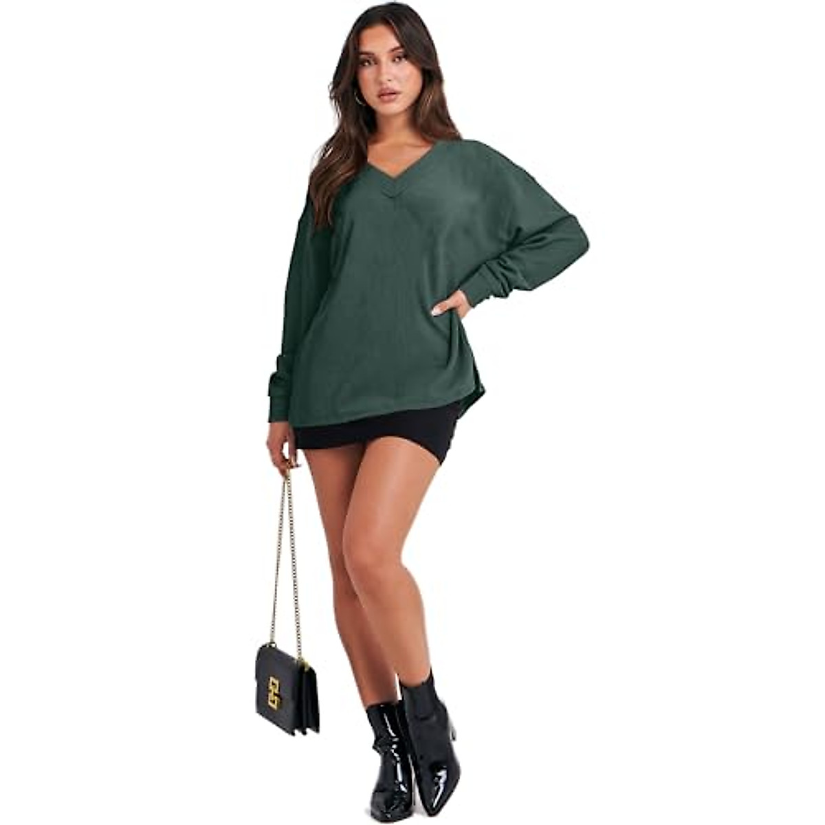 ANRABESS Oversized Long Sleeve Shirts for Women Off the Shoulder Sweatshirt Loose V Neck Tunic Tops High Low Sweater 2024 Large Dark Green